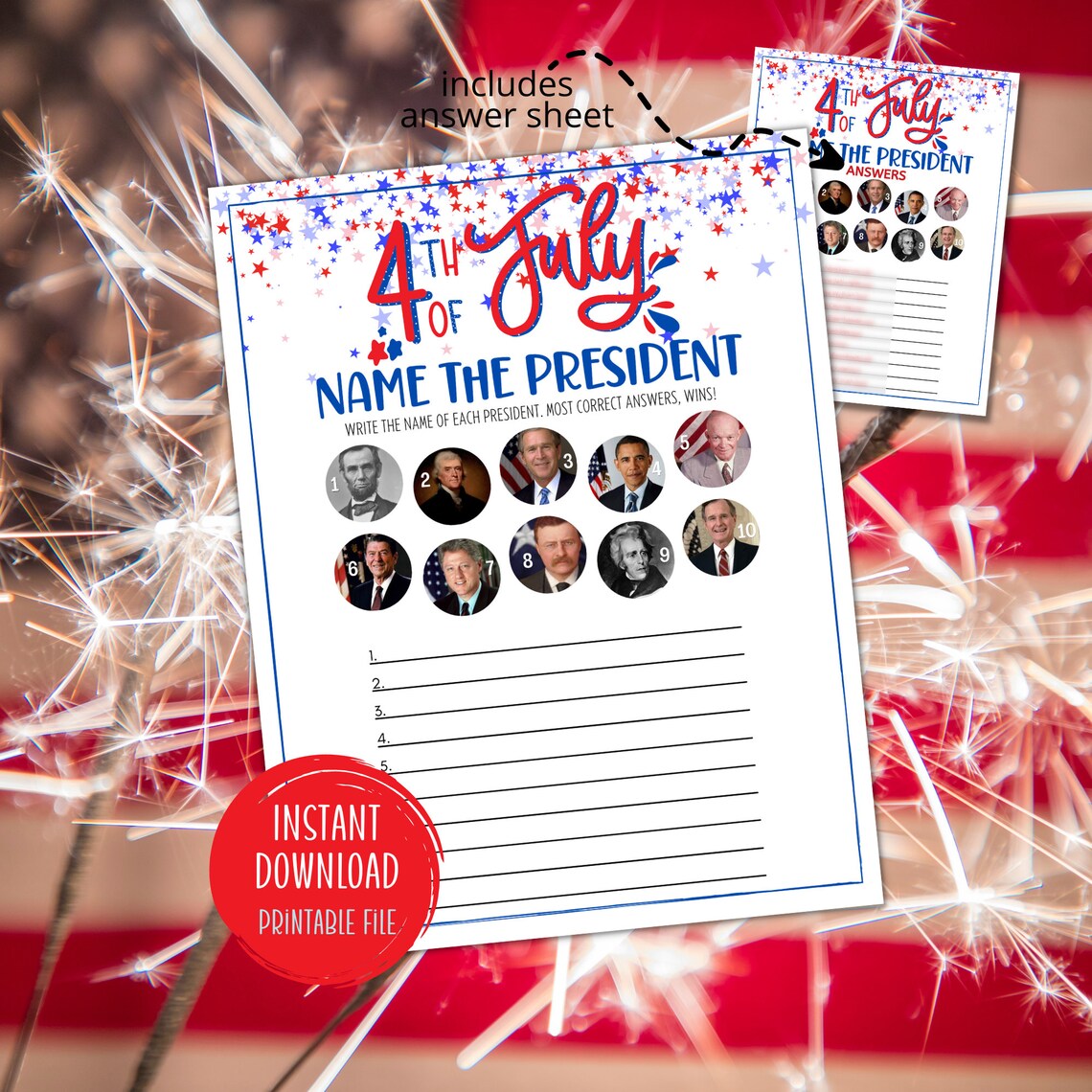 4th of July Printable Games Name the President Game - Etsy