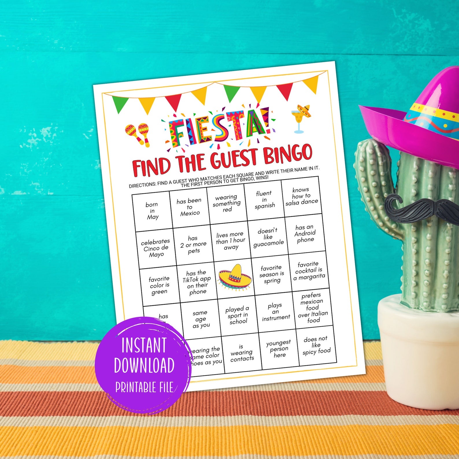 Cinco De Mayo Bingo Game Printable Find the Guest Bingo Fiesta Theme ...