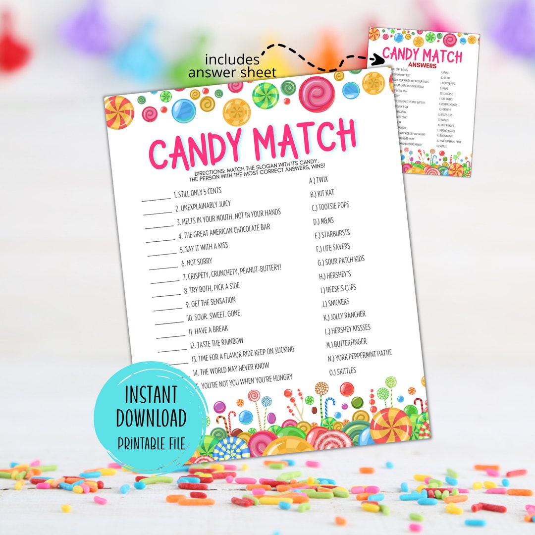 Candy Match Game | Candy Slogan Printable Game | Game for Kids & Adults ...