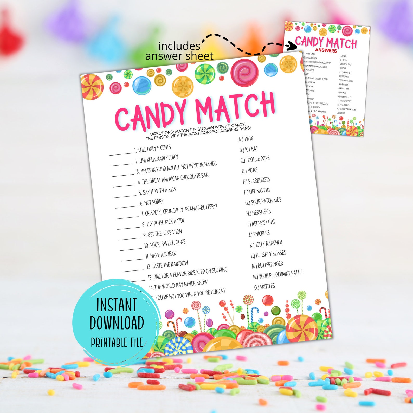Candy Match Game | Candy Slogan Printable Game | Game for Kids & Adults ...