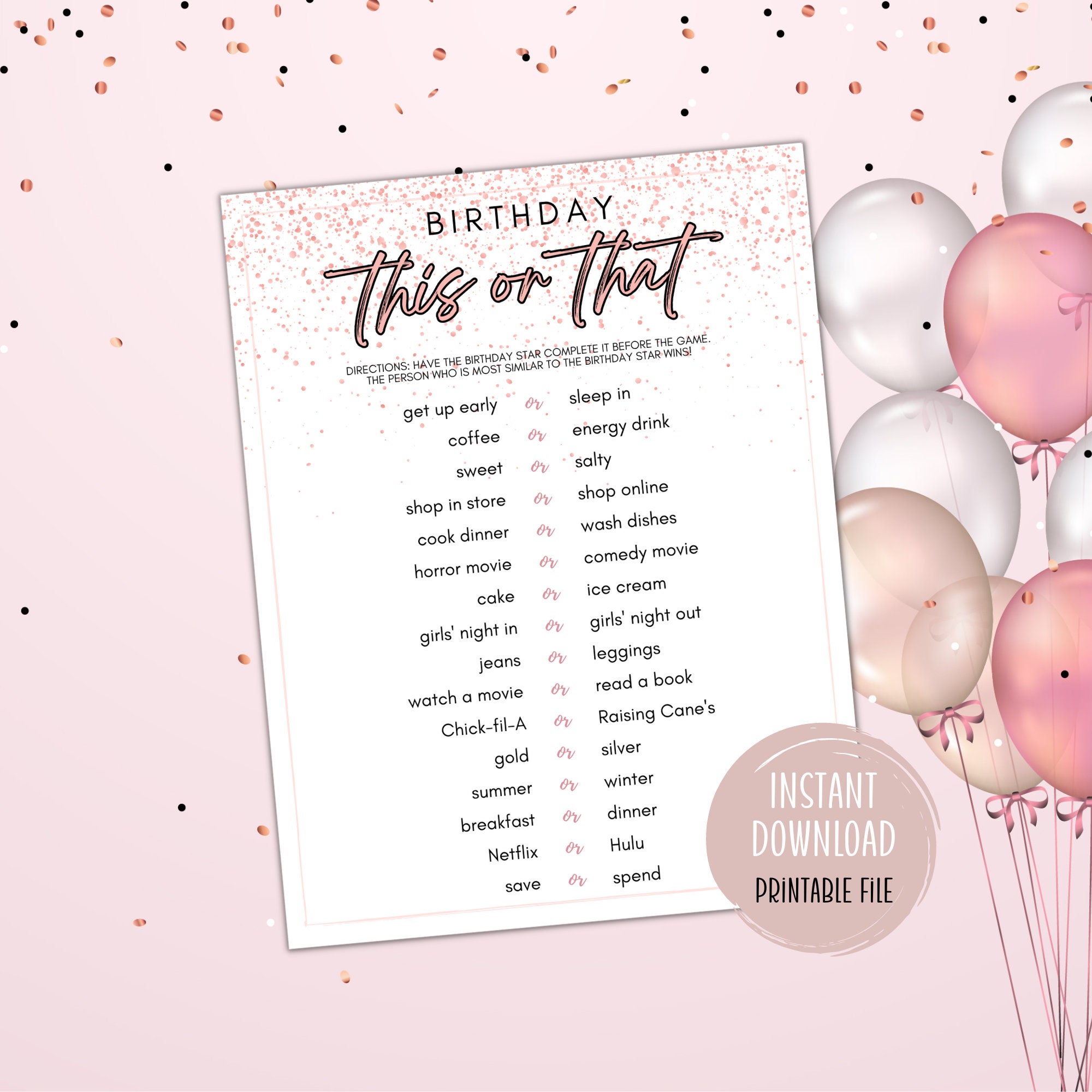 Birthday Games Printable This or That Birthday Game Party Sweet 16 21st 30th 18th Printable ...