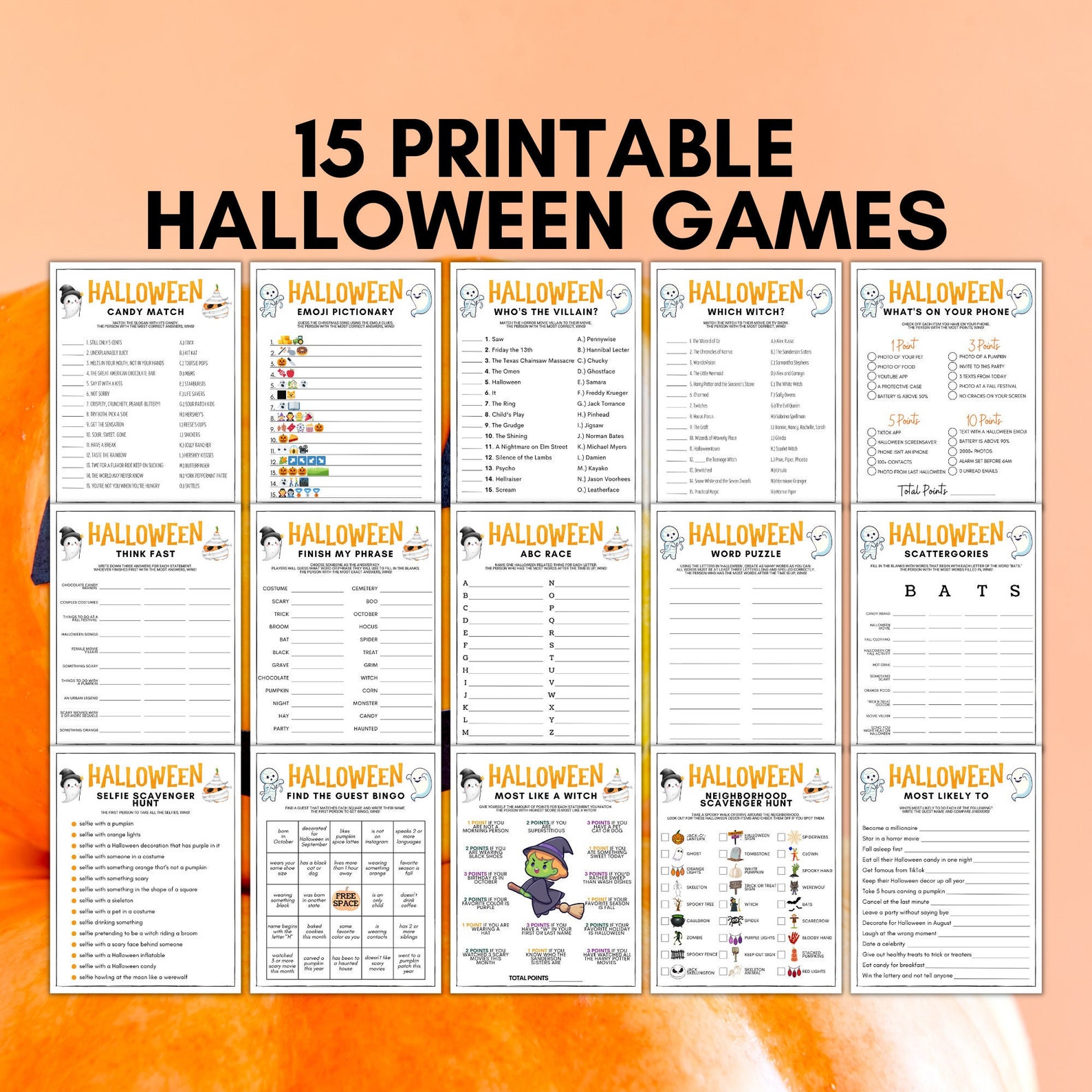 Halloween Games, Printable Party Games Bundle Office Party Family Party ...