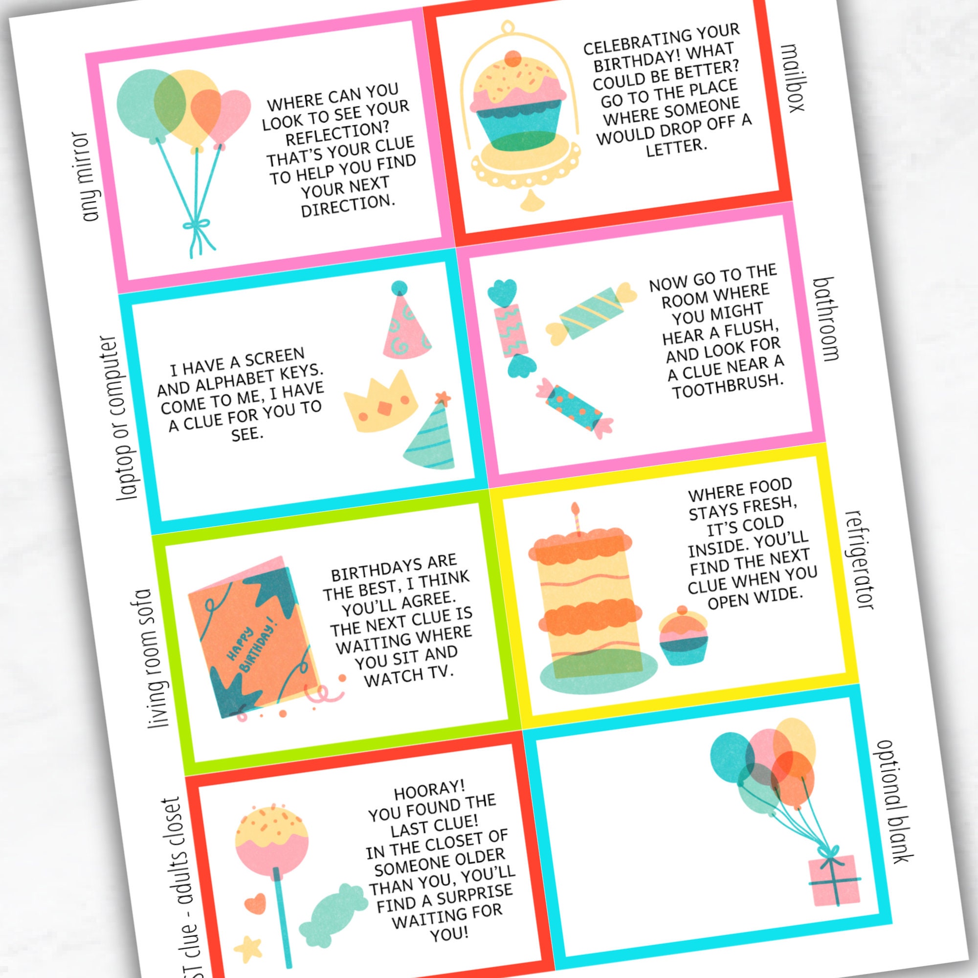 Indoor Birthday Scavenger Hunt, Birthday Treasure Hunt, Birthday Clues ...