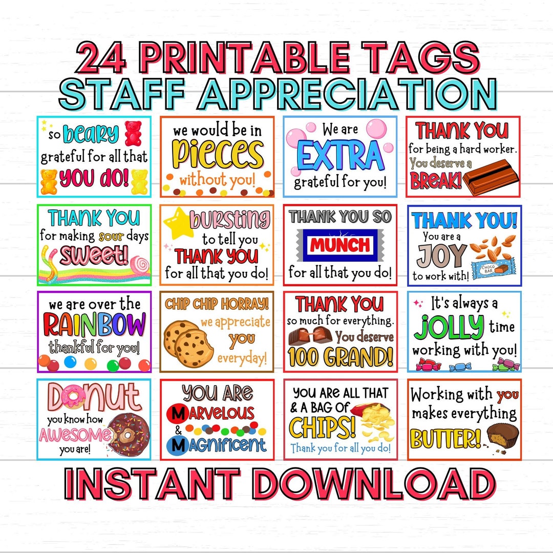 Employee Candy Bar Gift Tags Thank You Notes for Employee Appreciation ...