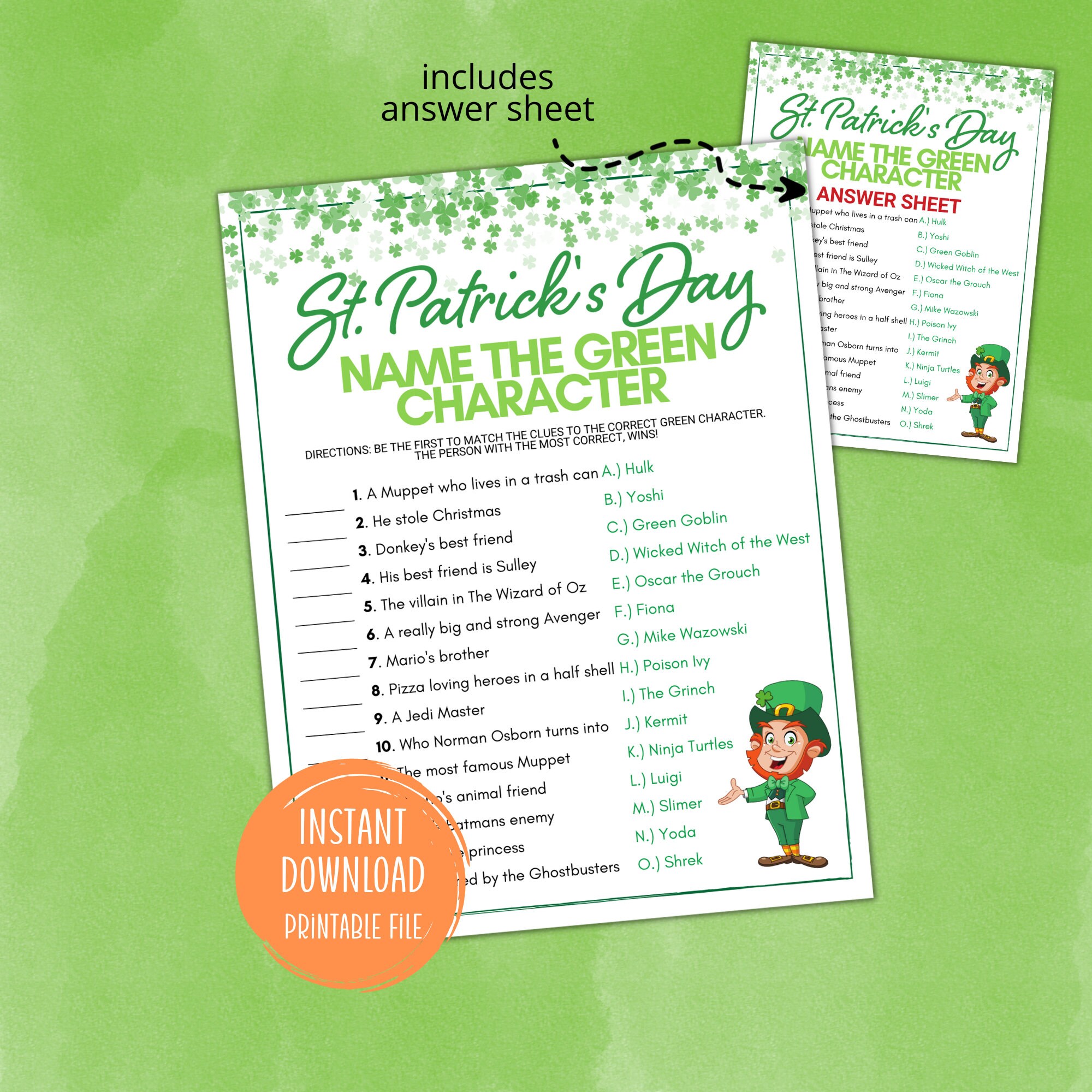 St. Patrick's Day Printable Games Green Character Trivia Game Color Me ...