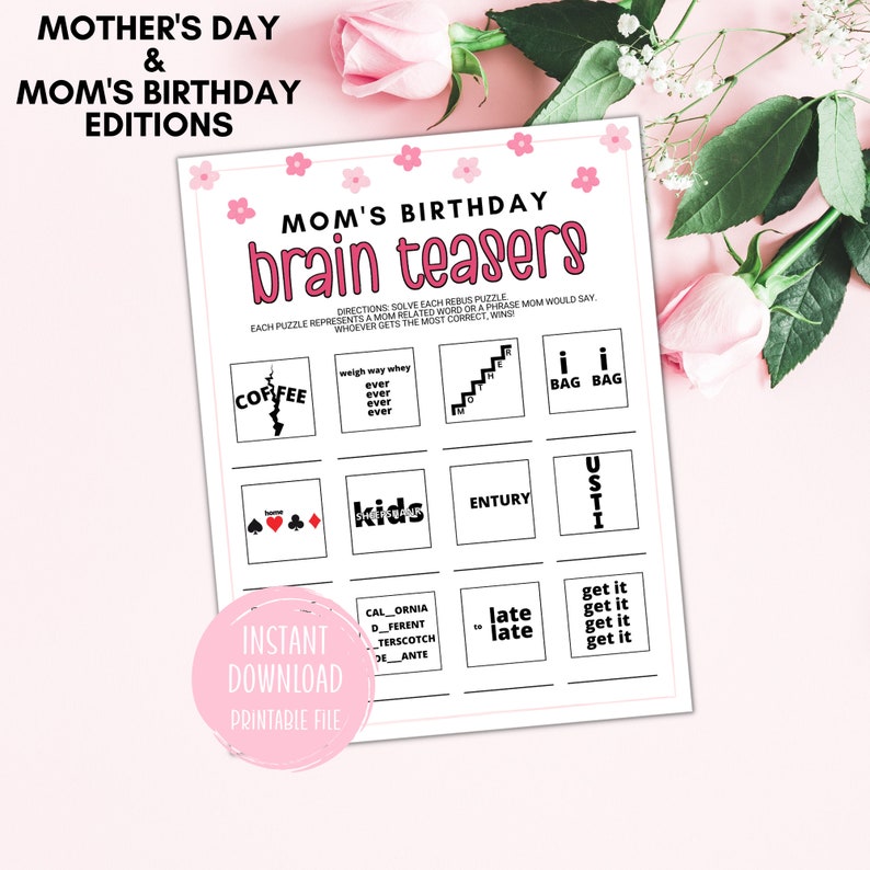Mothers Day Printable Game Brain Teasers Game Mom's Birthday Digital ...