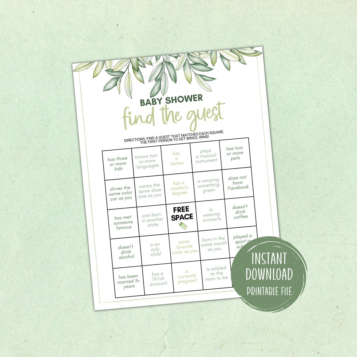 Baby Shower Find the Guest Bingo Printable Games Green Floral Neutral ...