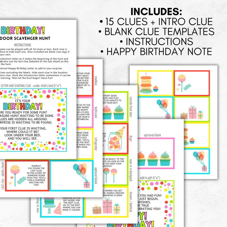Indoor Birthday Scavenger Hunt, Birthday Treasure Hunt, Birthday Clues ...