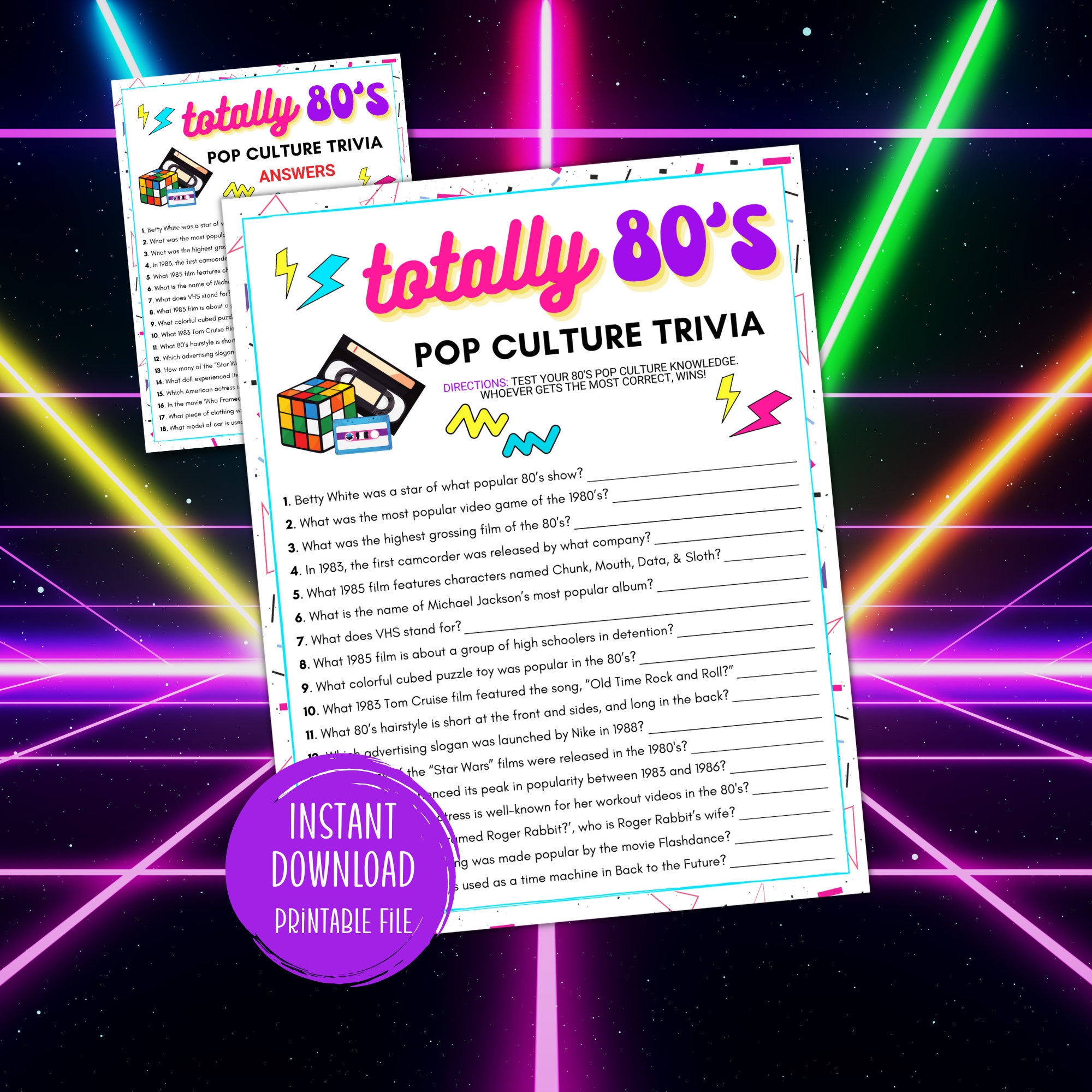 80s Trivia Game Totally 80s Pop Culture Trivia Printable Game 80s Theme ...