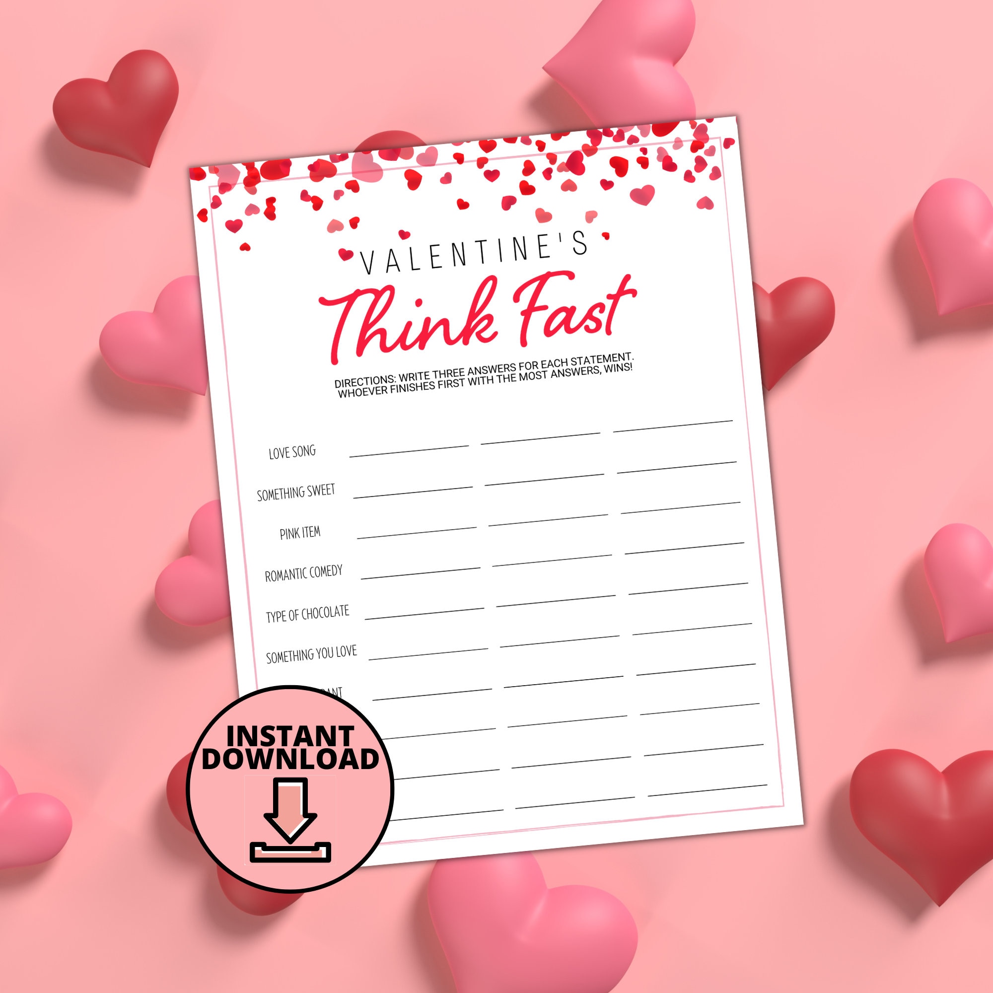 Valentine's Day Think Fast Game, Valentine's Party Game, Printable ...