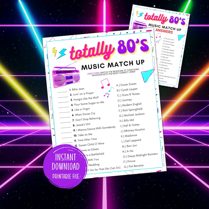 80s Music Game Totally 80s Music Matchup Printable Game 80s Theme Party ...