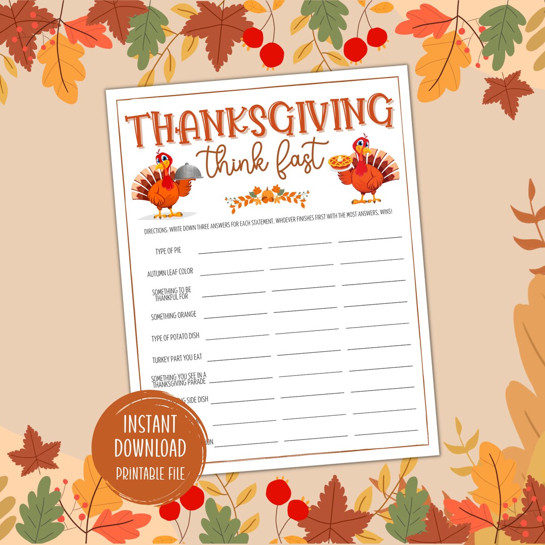 Thanksgiving Think Fast Game Printable Thanksgiving Day Game Instant ...