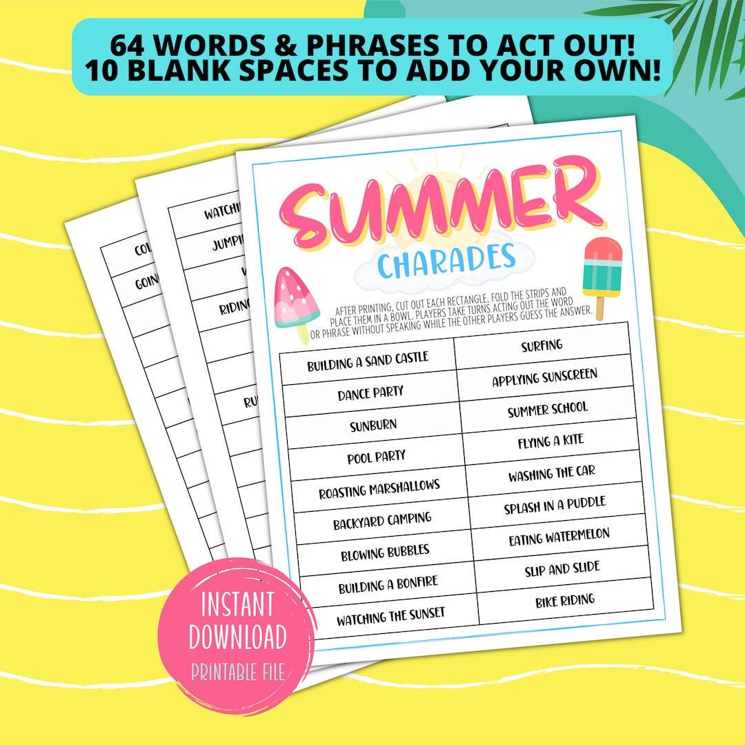 Summer Charades Printable Game | Fun for Kids Teens Adults Family ...