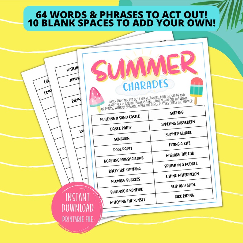 Summer Charades Printable Game | Fun for Kids Teens Adults Family ...