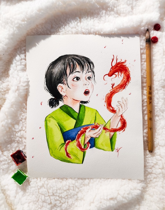 Baby Mulan and Mushu Dragon Spirit Watercolor Painting | Etsy