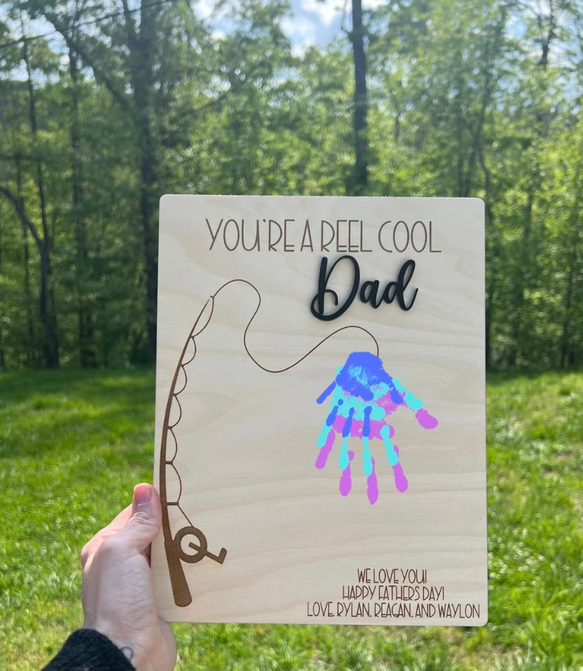 Fathers Day Reel Cool Dad Wood Gift Personalized Hand Print - Etsy