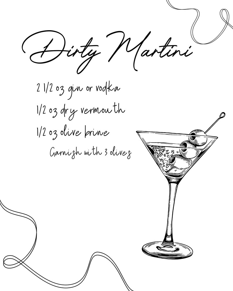 Dirty Martini Recipe | Bar Art | Minimalist Print - Etsy