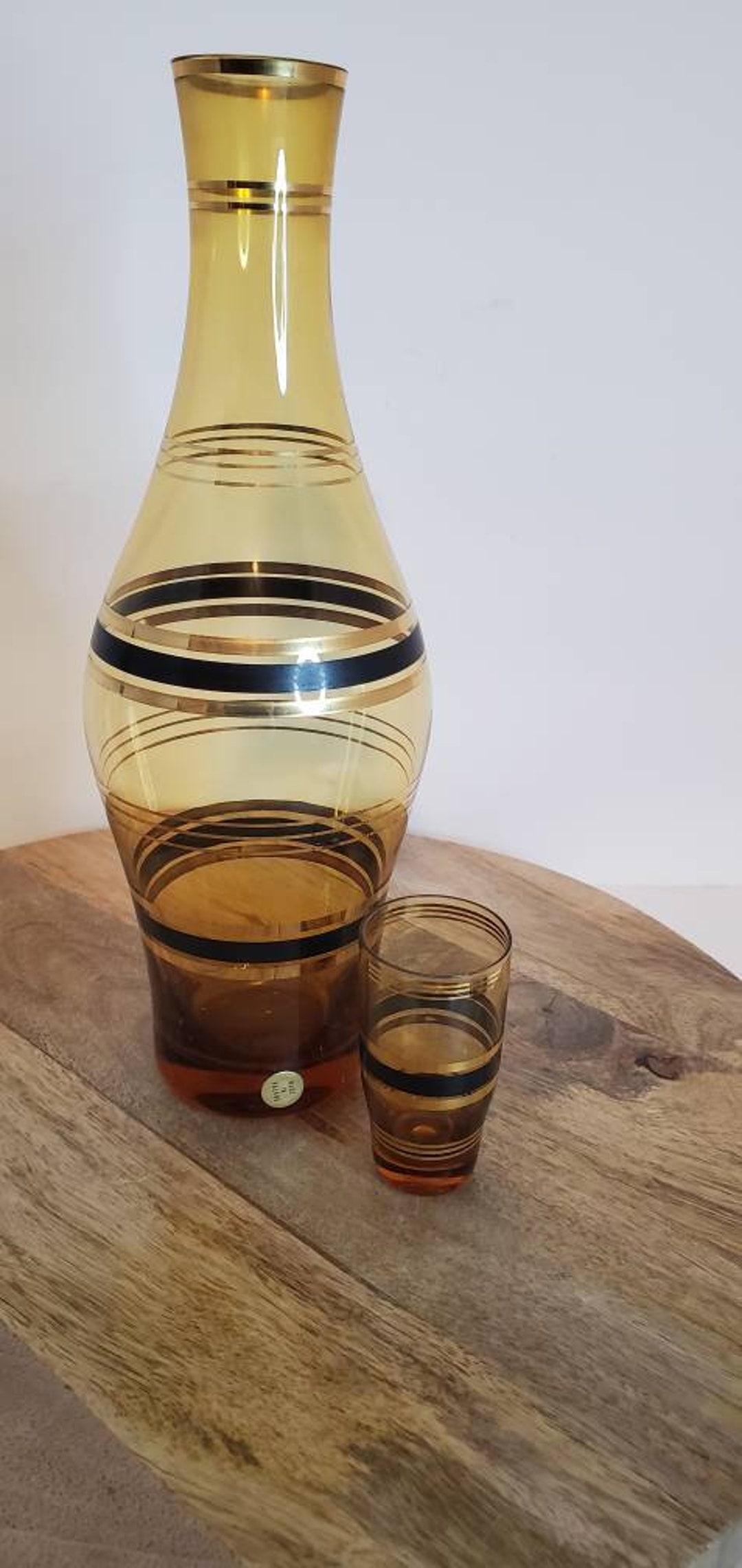 Gorgeous MCM Amber Glass With Black and Gold Stripes Made in Poland 12. ...