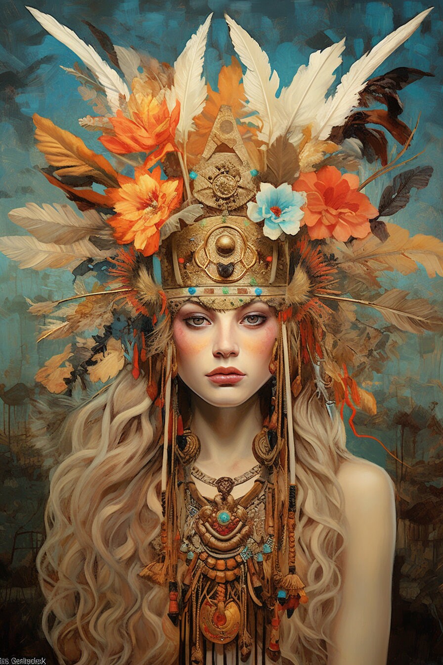 Boho Woman Art Print: Feather Headdress, Colorful Portrait (digital ...