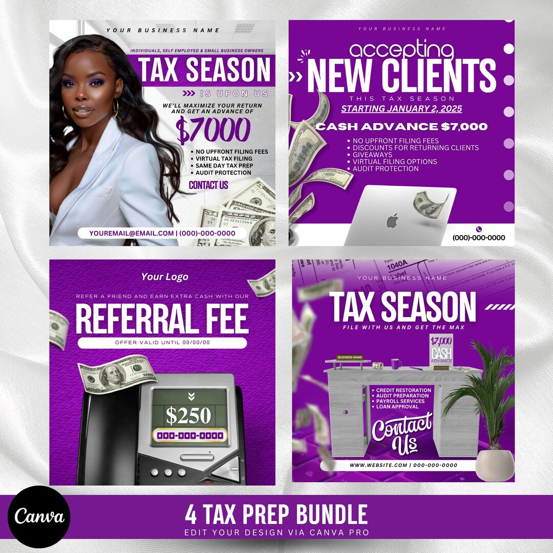 4 Purple Tax Prep Flyers, Tax Prep, Tax Prep Flyer Bundle, Tax ...