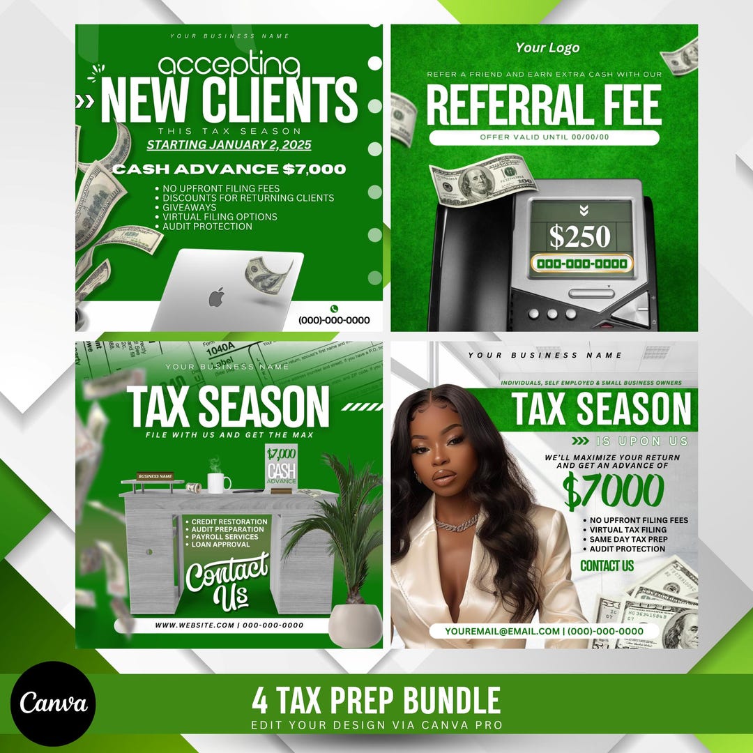 4 Green Tax Prep Bundle, Tax Prep Flyer, Tax Professional, Tax Season ...
