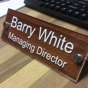 Personalised Dark Wood Effect Desk Name Plate, Custom Sign, Plaque ...