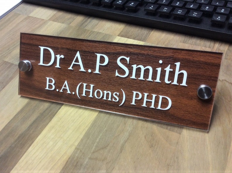 Personalised Dark Wood Effect Desk Name Plate, Custom Sign, Plaque ...