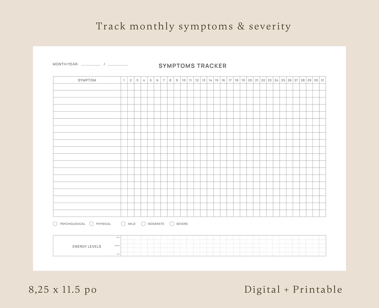 Monthly Symptom Tracker (printable & Digital) / Track Monthly Symptom ...