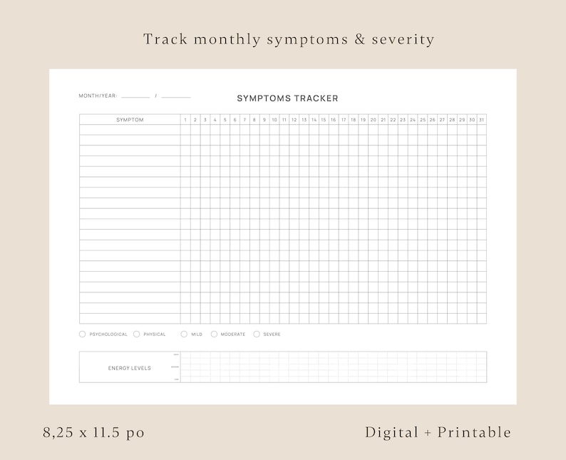 Monthly Symptom Tracker printable & Digital / Track Monthly Symptom ...