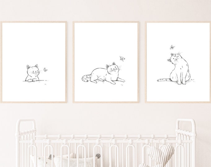 Cat Print, Cute Cat Wall Art, Cat With Butterfly, Cat Nursery Decor ...