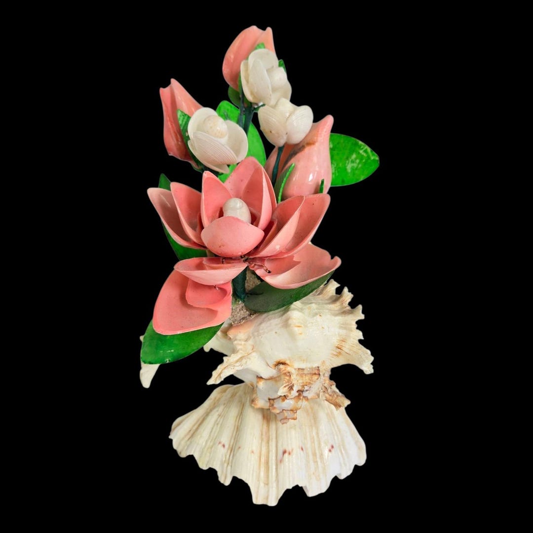 Vintage Sea Shell Pink Green Flowers Handmade Bouquet Seashell Sand ...