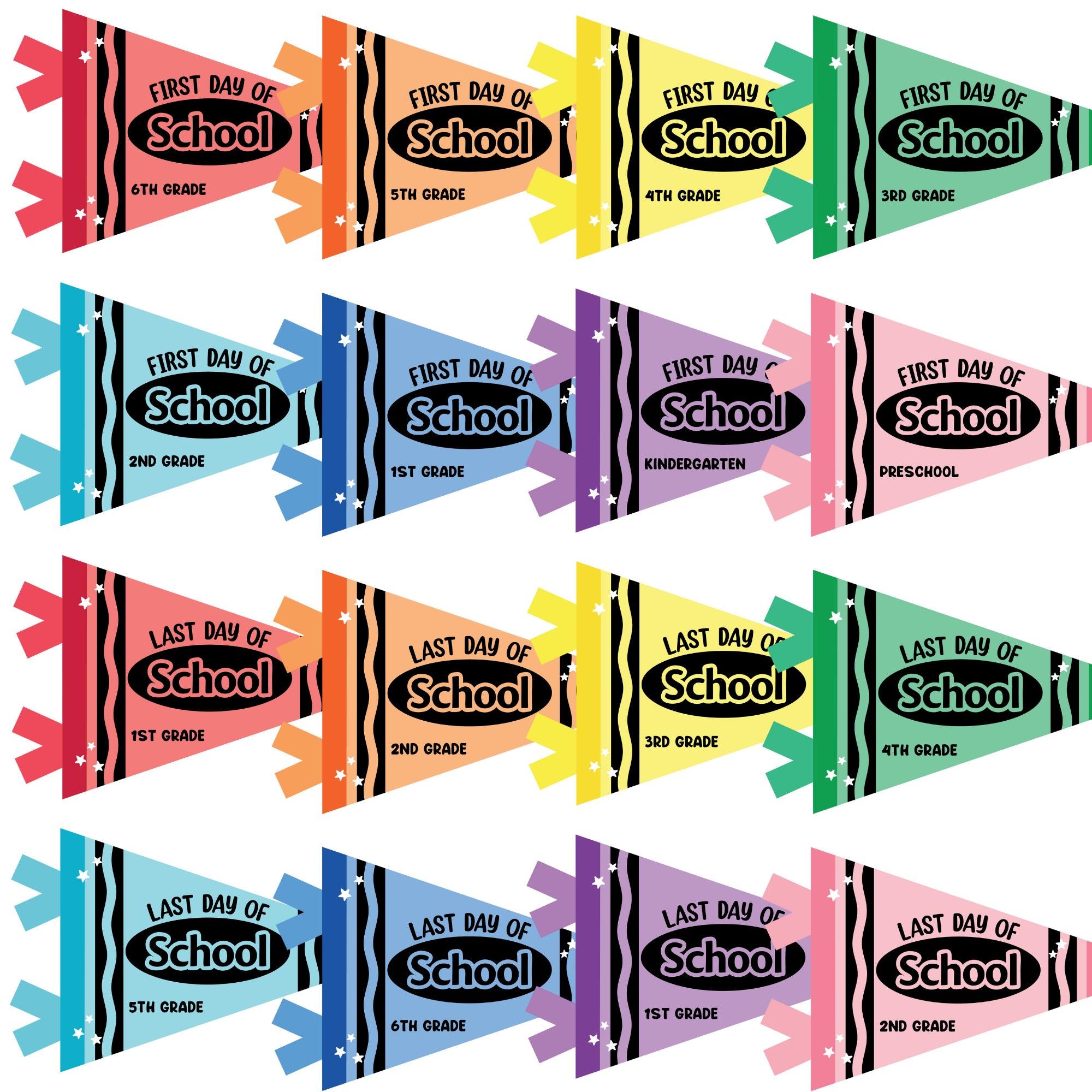 First & Last Day of School Pennant Flags – Crayon Theme, Preschool to ...