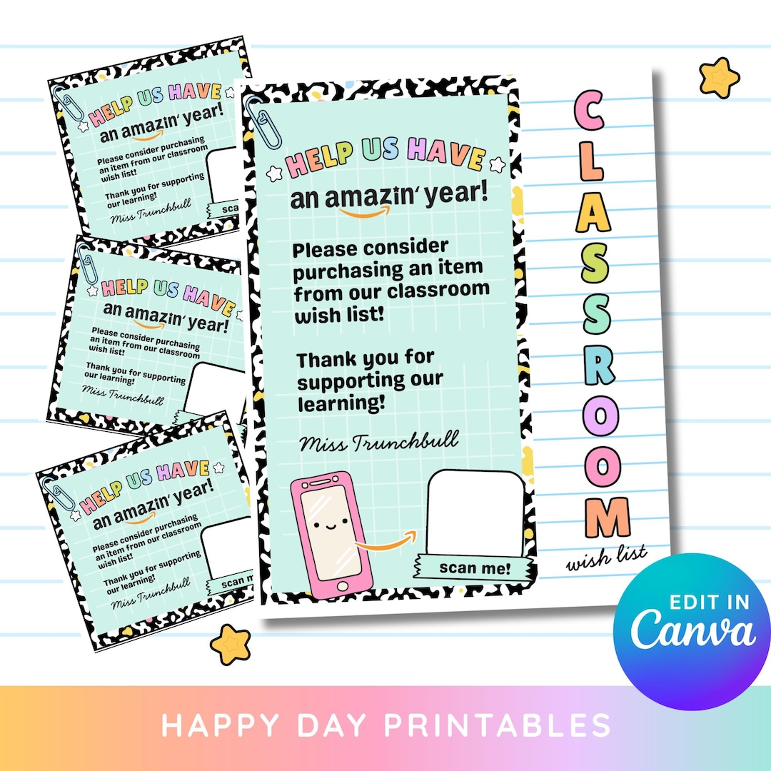 Classroom Wish List Printable Cards | Editable Canva Template | Back to ...