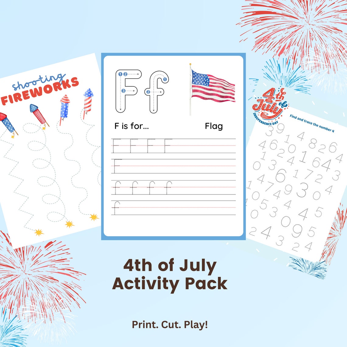 4th of July Activity Pack - F is for Flag - Firework Tracing - Instant ...