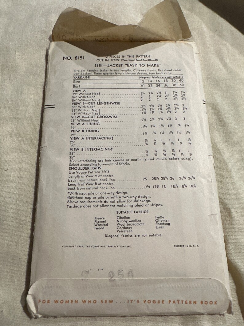 1940s Vintage Vogue Jacket Coat Sewing Pattern 32 Bust Unprinted - Etsy