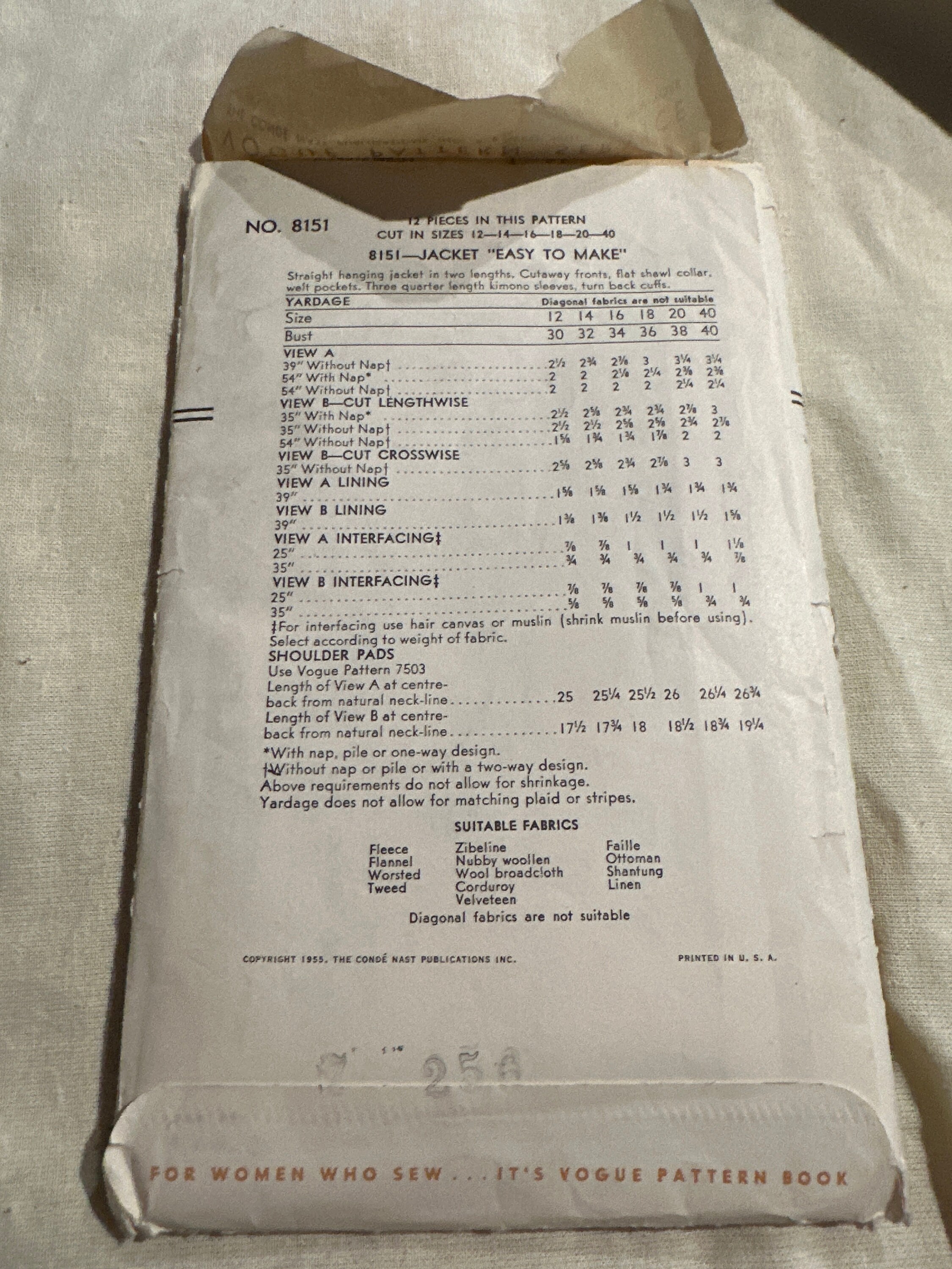 1940s Vintage Vogue Jacket Coat Sewing Pattern 32 Bust Unprinted - Etsy