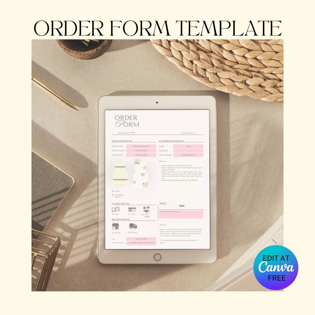 Home Baker Order Form Template Printable Fully Editable on CANVA FREE ...