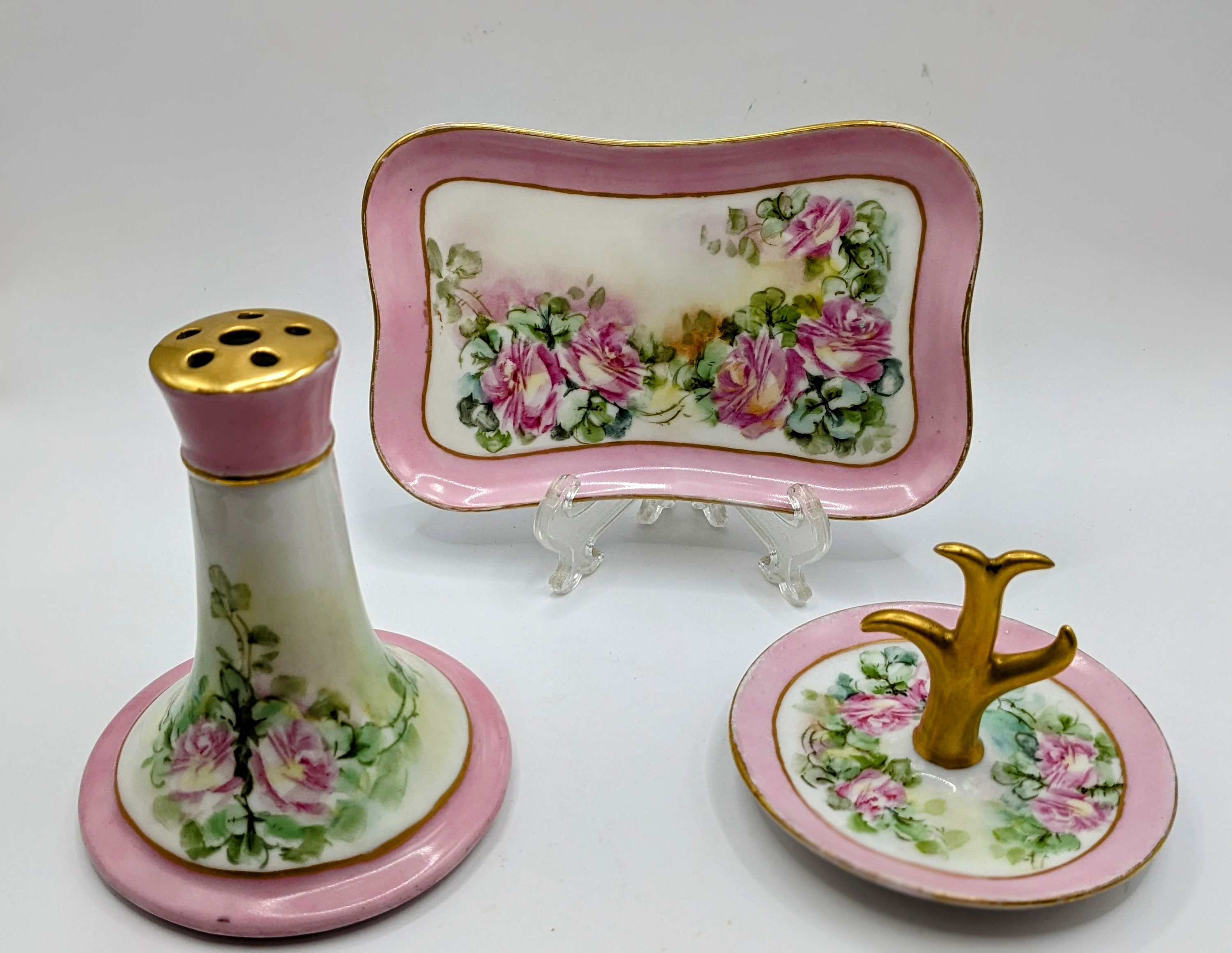 Antique Limoges Hand Painted 4 Piece Vanity Set Pink & Gold Signed - Etsy