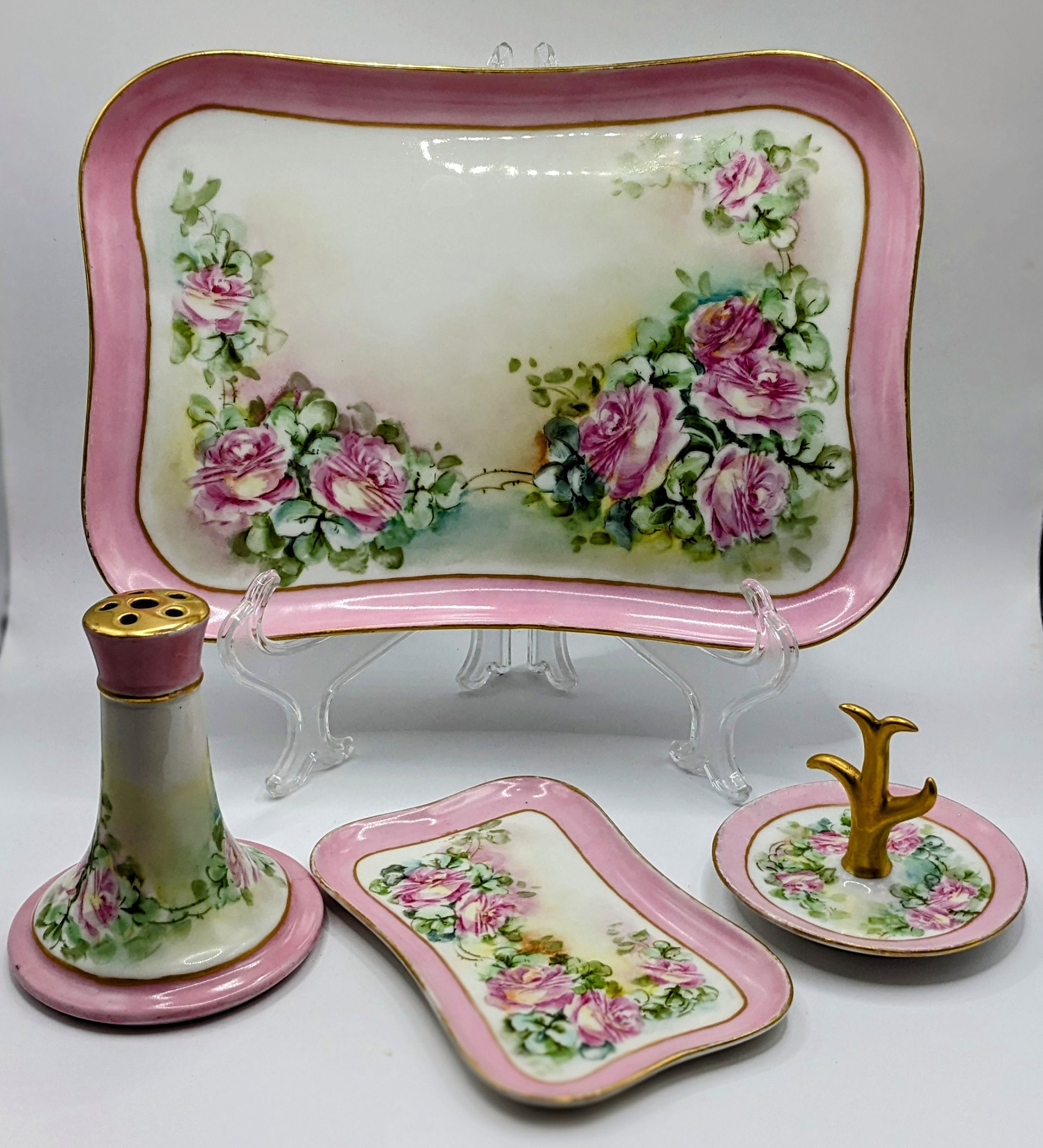 Antique Limoges Hand Painted 4 Piece Vanity Set Pink & Gold Signed - Etsy