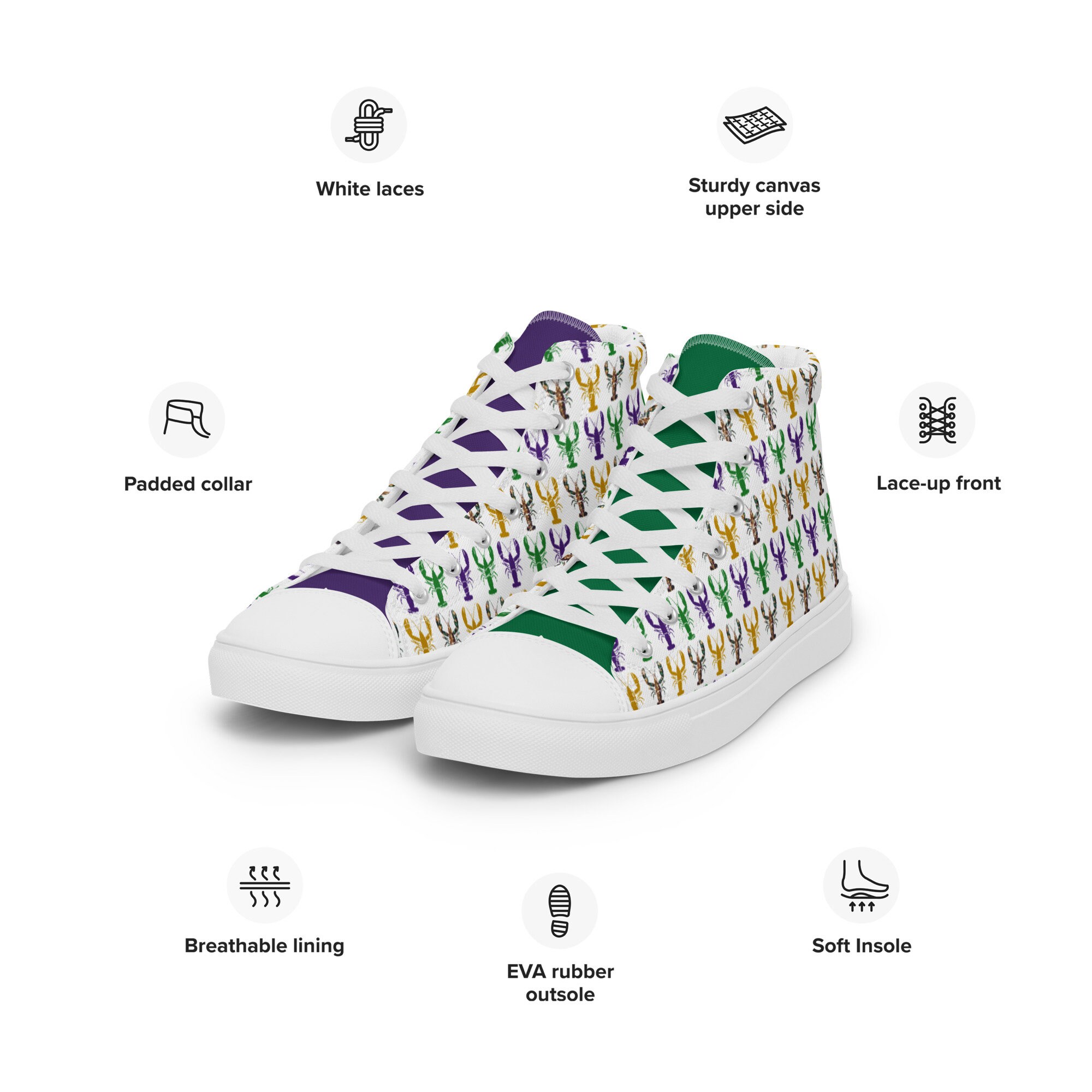 Womens Mardi Gras Crawfish Pattern High Top Canvas Shoes | Etsy
