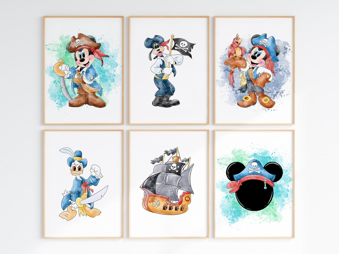 Watercolour Set of 6 Mickey Pirate & Crew Wall Prints / Goofy Donald ...