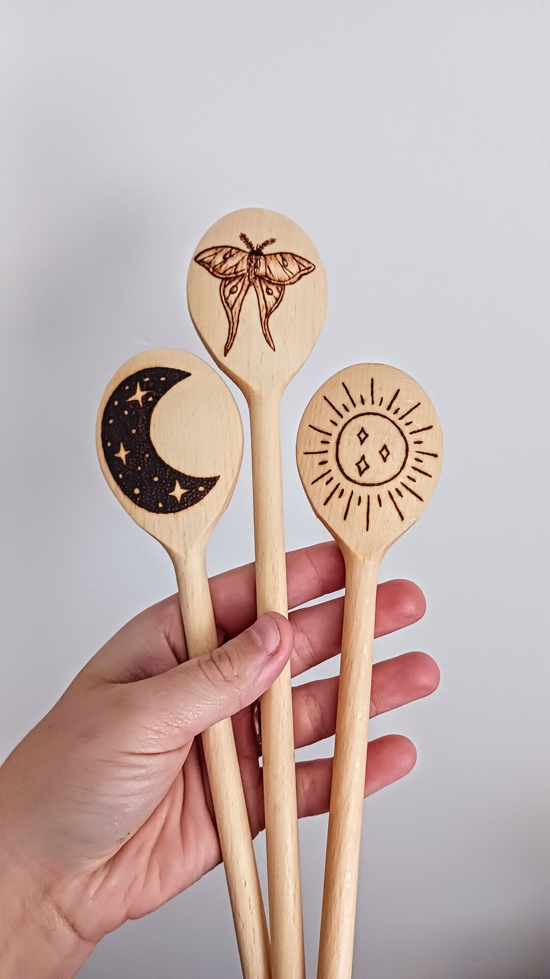 Wood Burned Celestial Spoons, 12 Inch Spoon Set of 3, Wood Burned Spoons, Sun Moon and Luna Moth ...