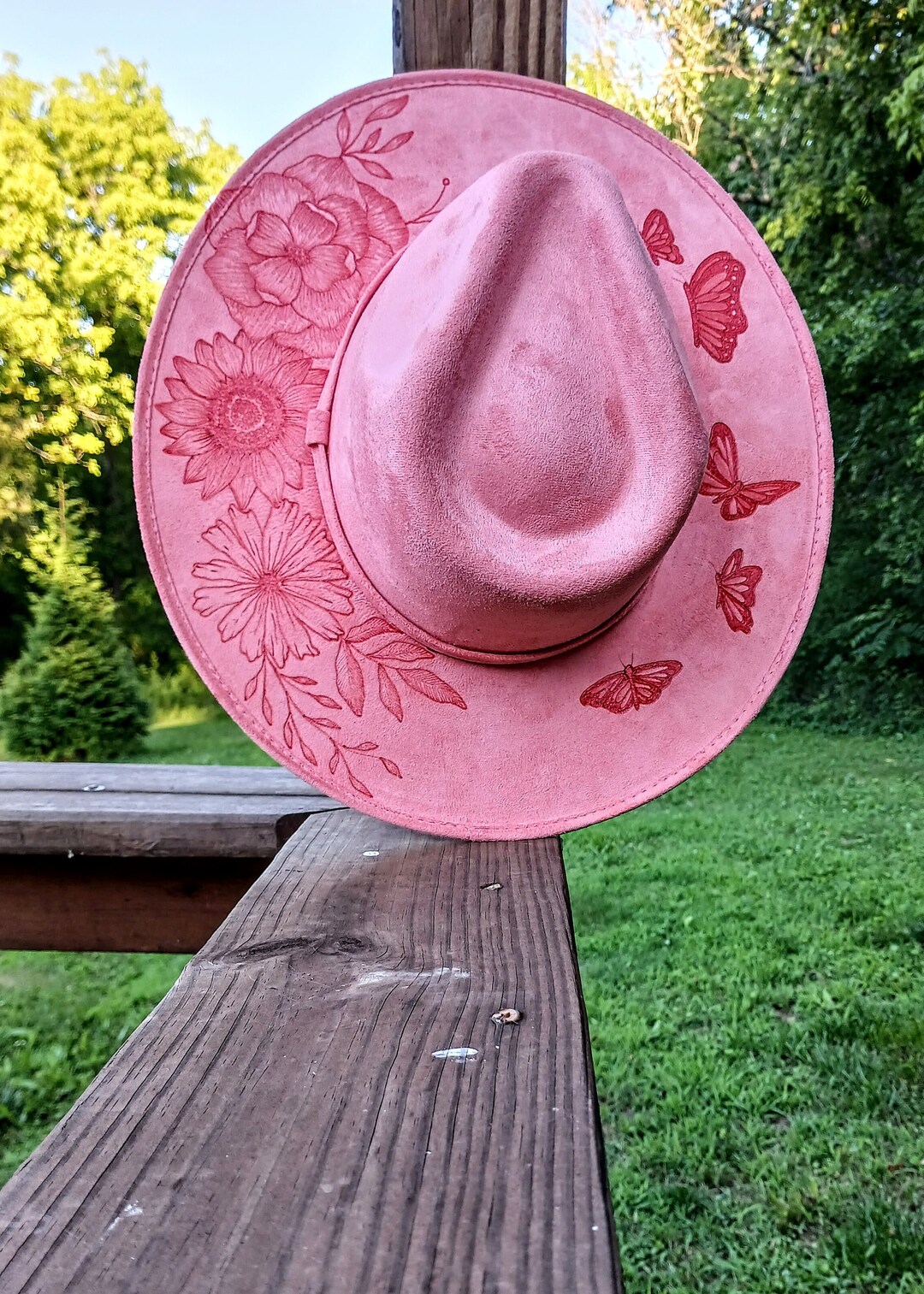 Hand Burned Peachy Color Wide Brim Hat for Women, Butterfly and Floral ...