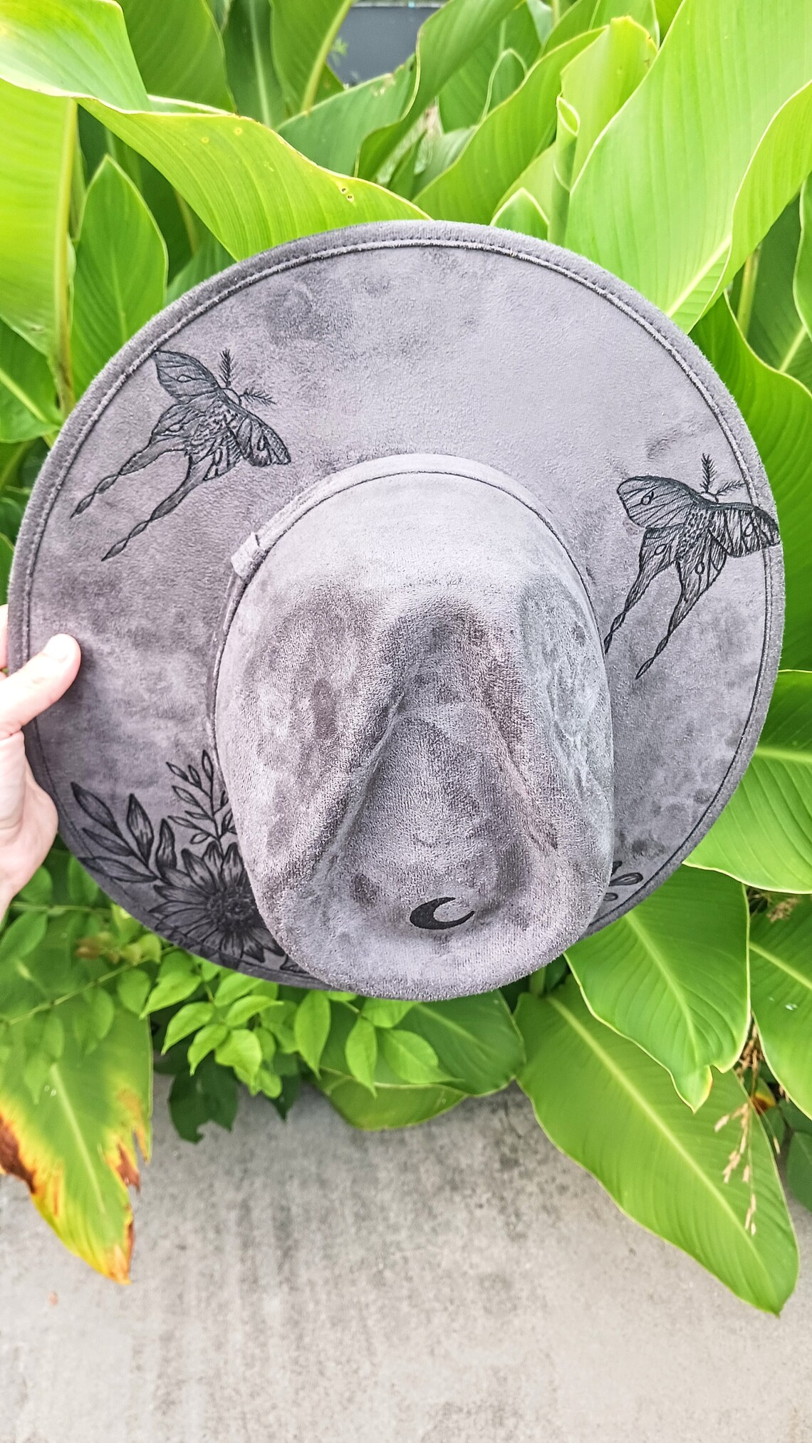 Hand Burned Gray Wide Brim Hat: Luna Moth, Floral & Snake Design - Etsy