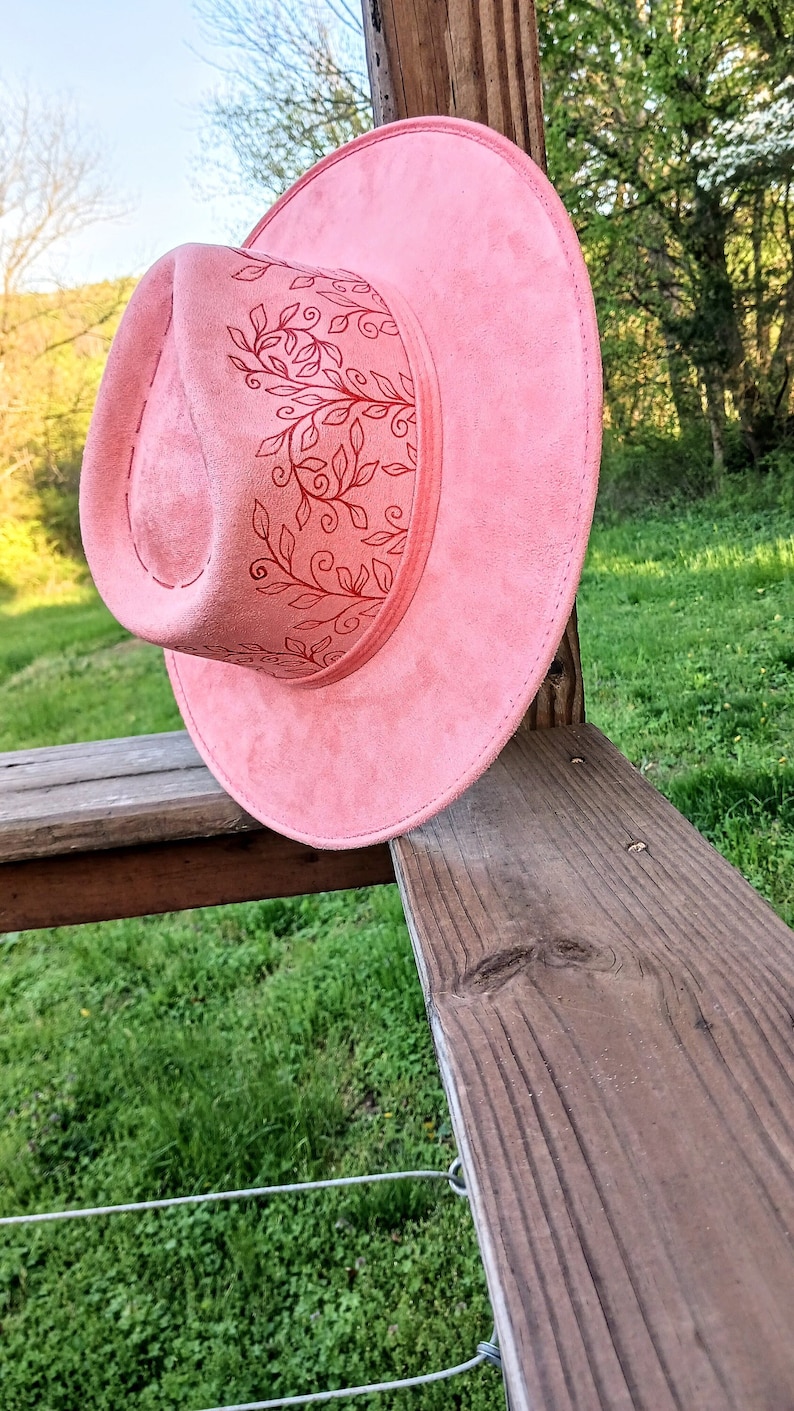 Hand Burned Peachy Color Wide Brim Hat for Women, Viney Design on Crown ...