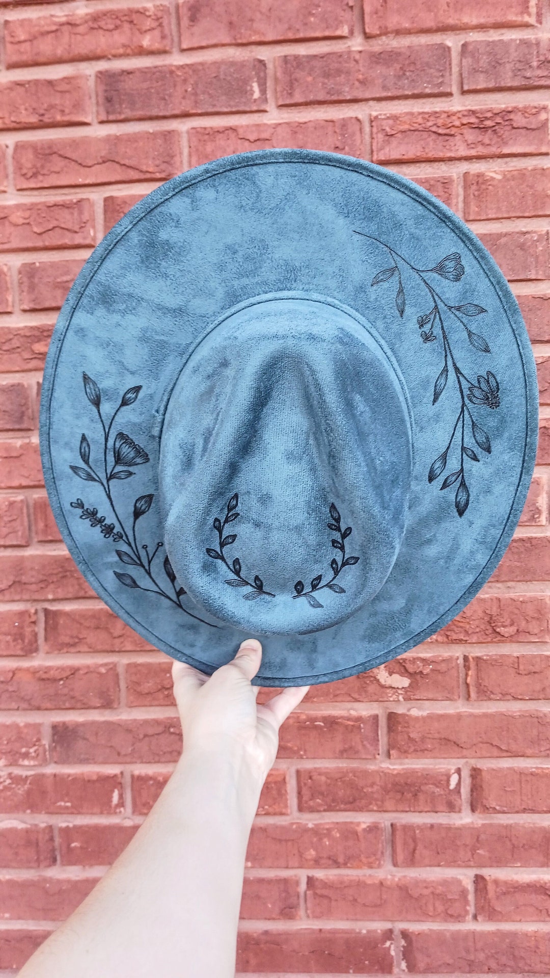 Hand Burned Steel Blue Wide Brim Hat for Women, Vines and Flower Design ...