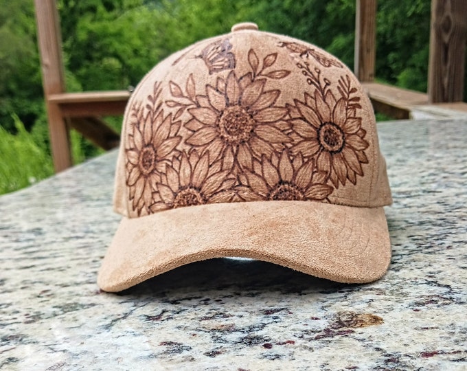 Hand Burned Vegan Suede Ball Cap, Light Brown Color, Sunflower Design ...