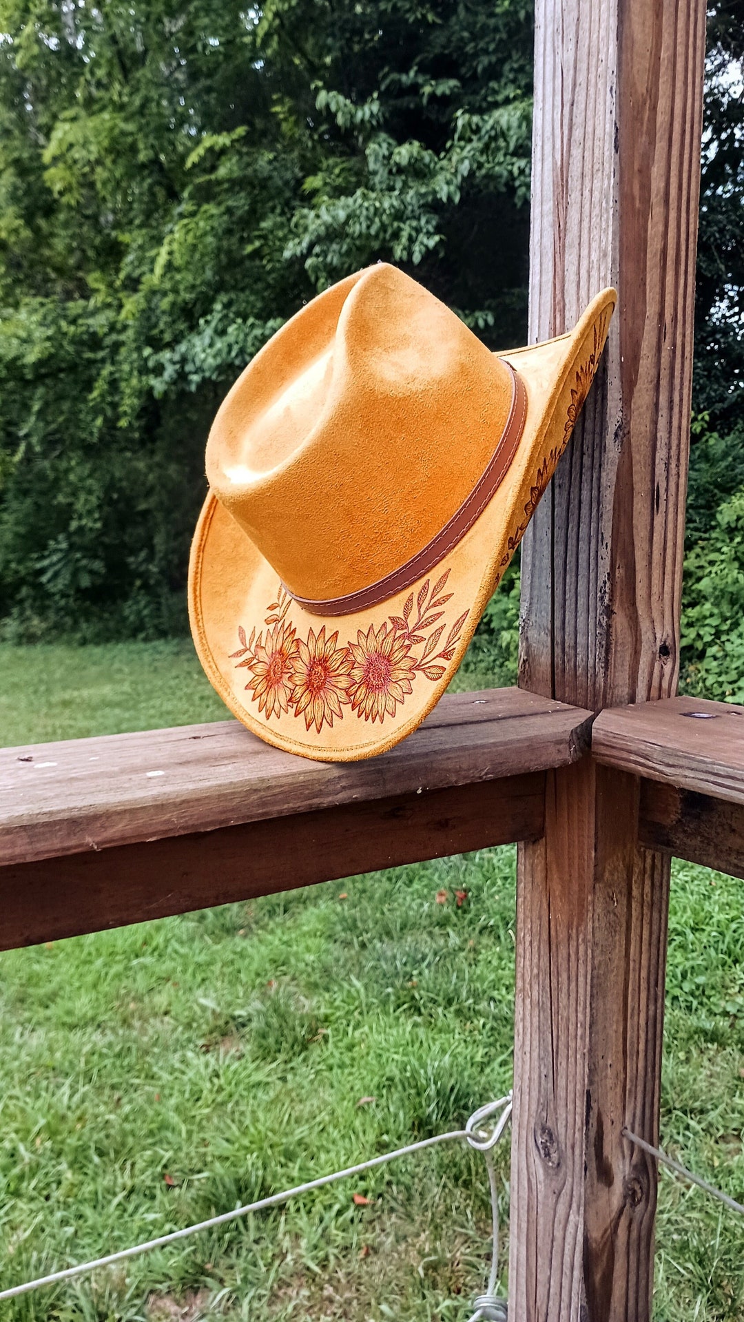 Hand Burned Mustard Yellow Cowboy Hat for Women, Sunflower Design on ...