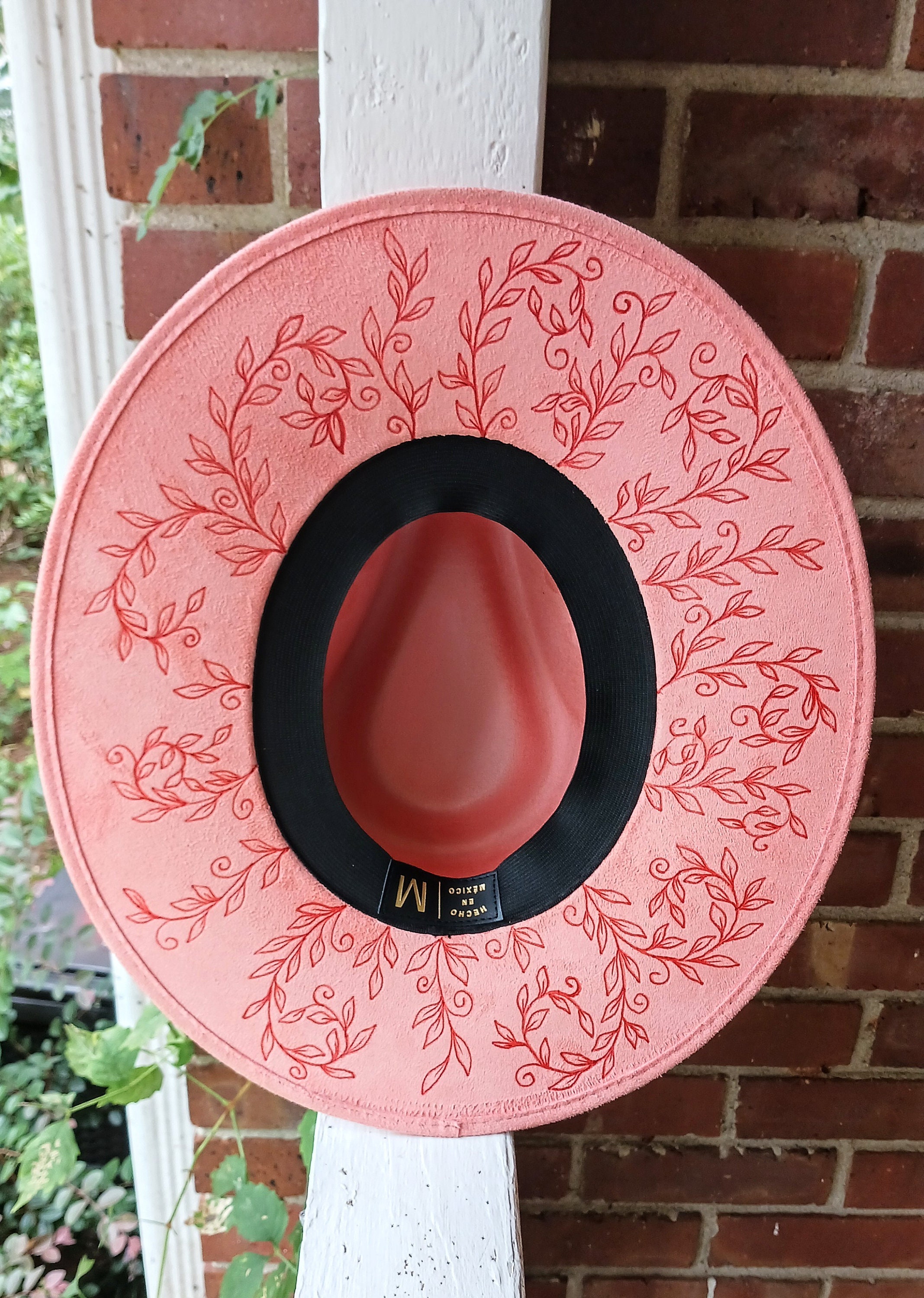 Hand Burned Peachy Color Wide Brim Hat for Women, Viney Design on Crown ...