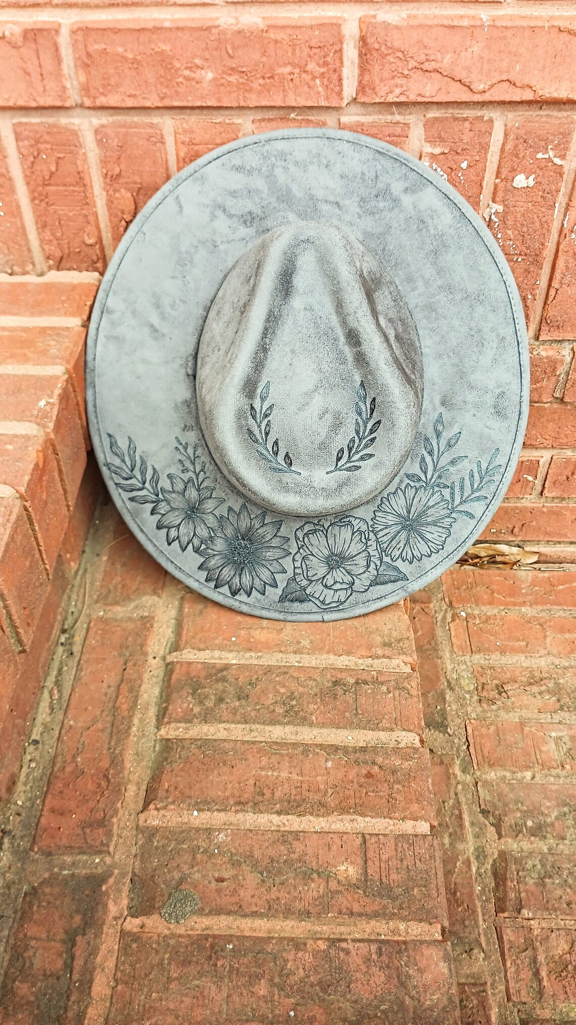 Hand Burned Gray Wide Brim Hat With Floral Design on the Top and ...